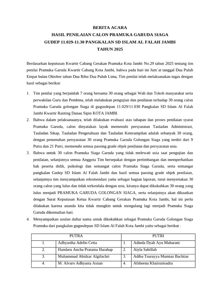 Penilaian Calon Pramuka Garuda 2025 | PDF