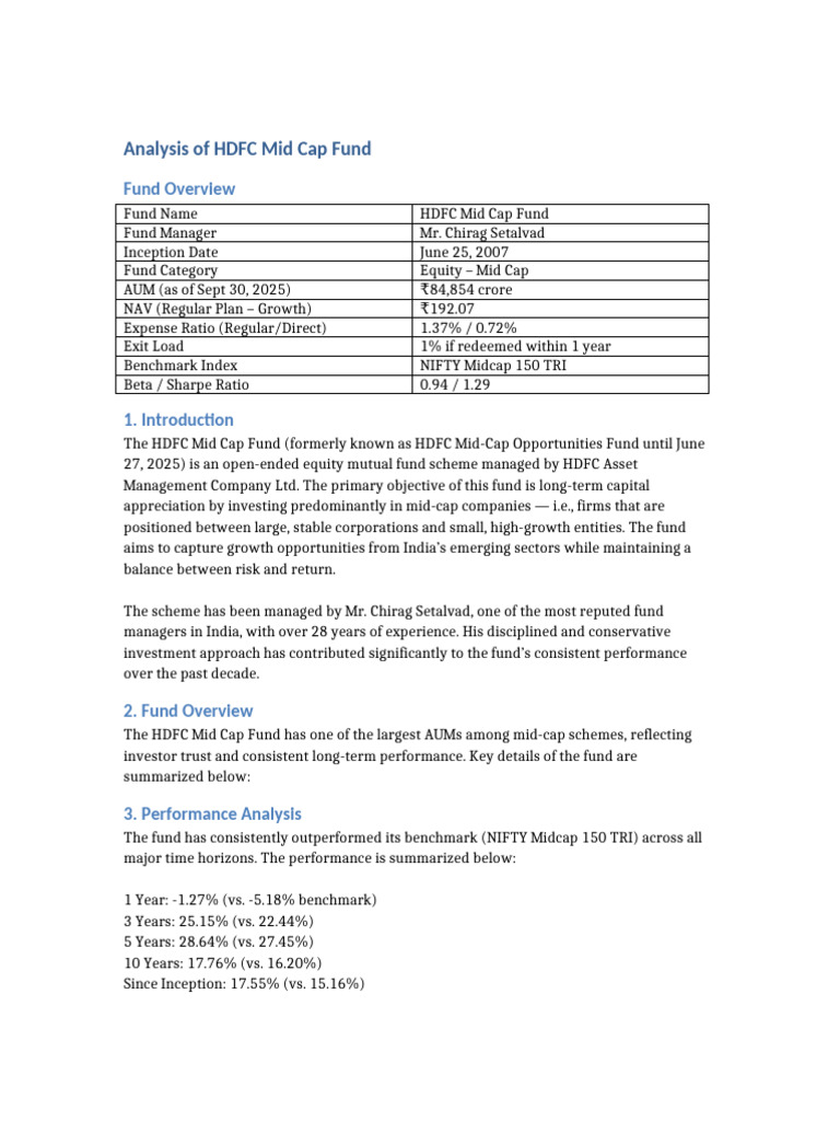 HDFC Mid Cap Fund Analysis 2025 | PDF | Investment Fund | Investing