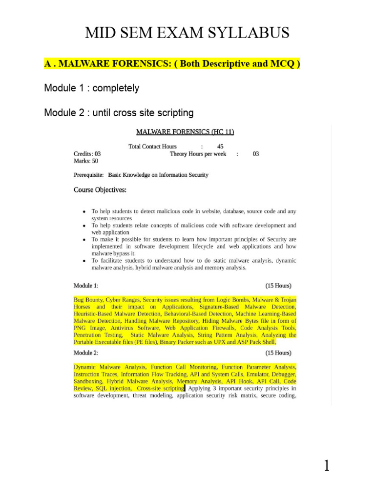 Mid Sem Exam Syllabus: AI & Malware Forensics | PDF