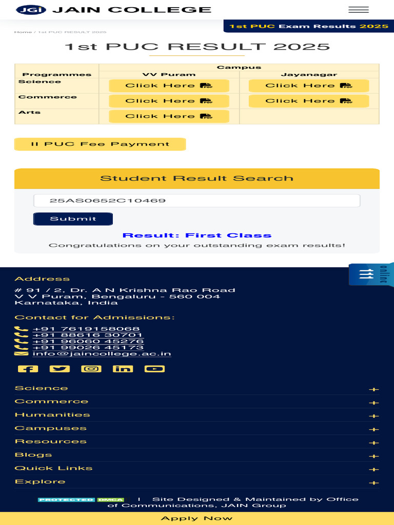 1st PUC Result 2025 - Jain College | PDF
