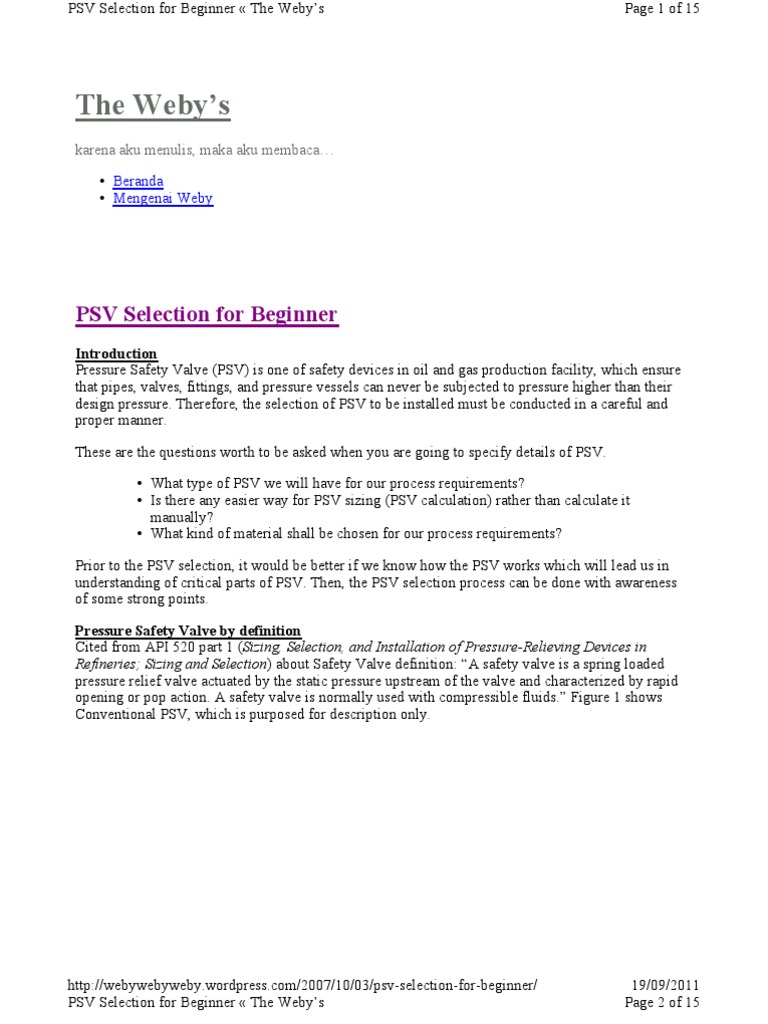 The Weby's: PSV Selection For Beginner | PDF | Valve | Pressure