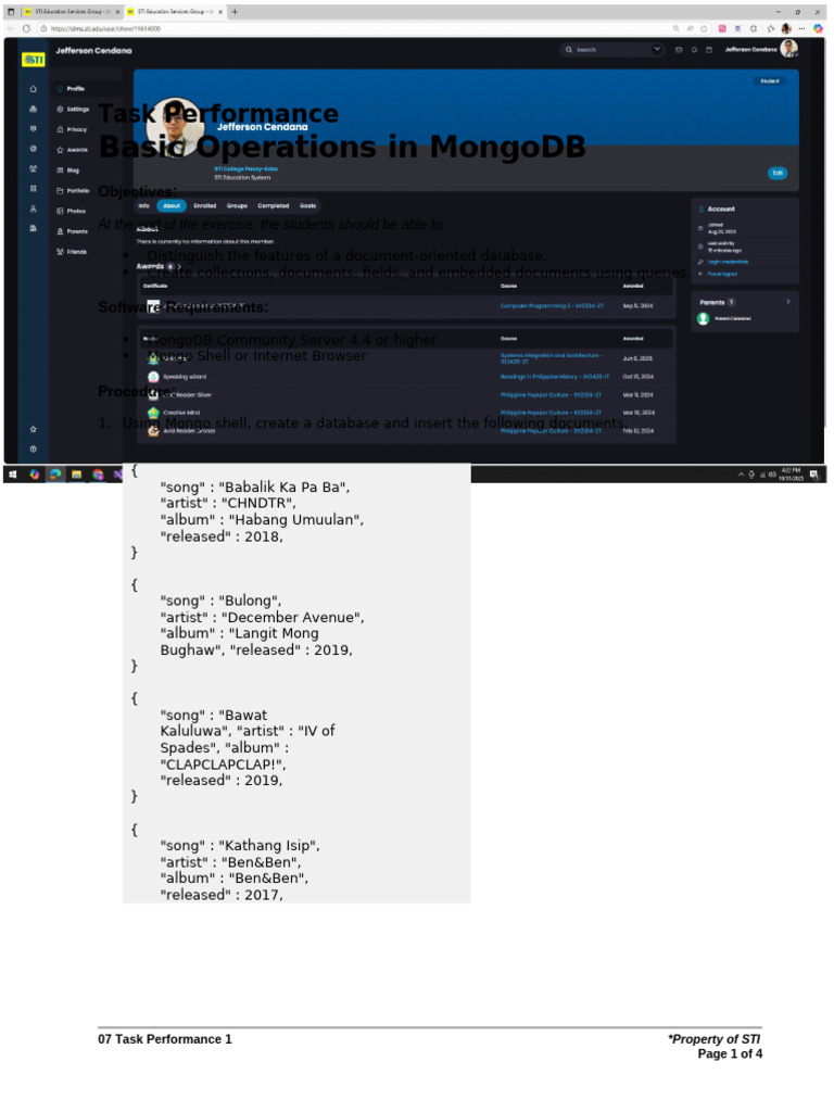 07 Task Performance 1 Cendaña Jefferson A | PDF | Mongo Db | Databases