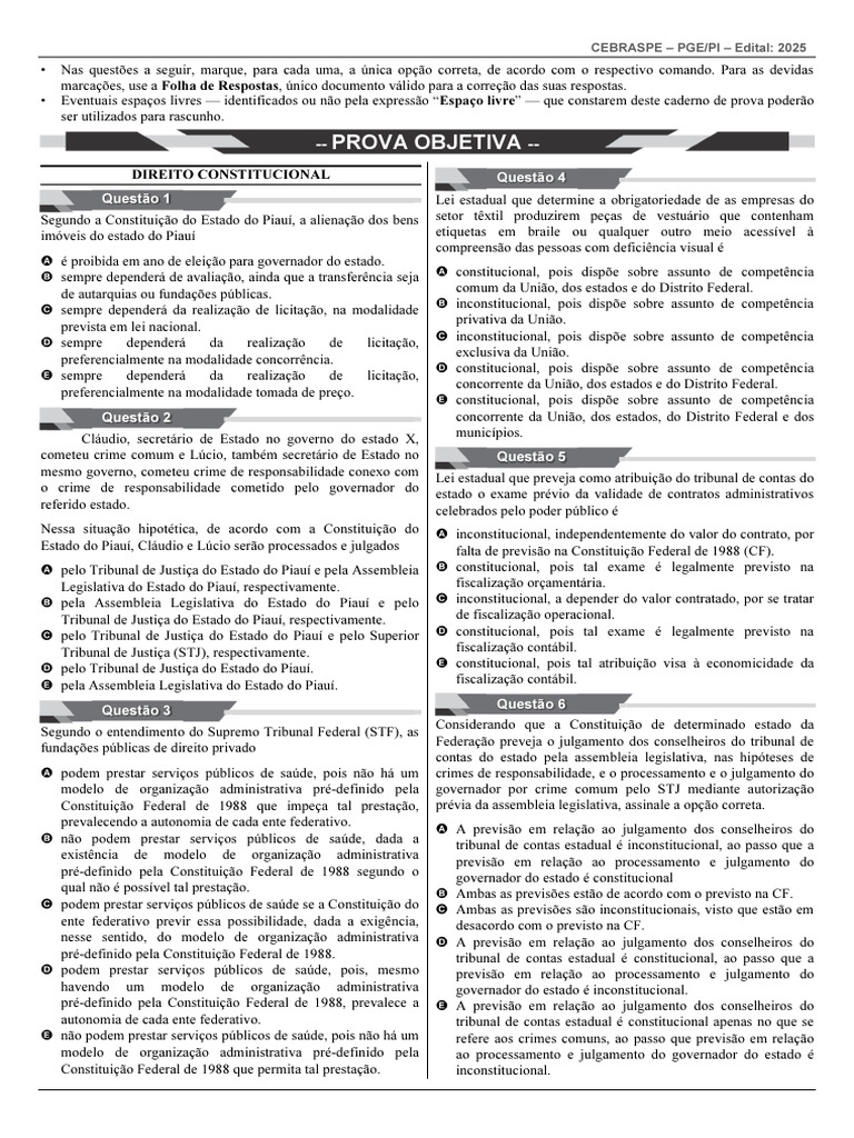Prova Objetiva PGE/PI: Direito Constitucional | PDF | Administração ...
