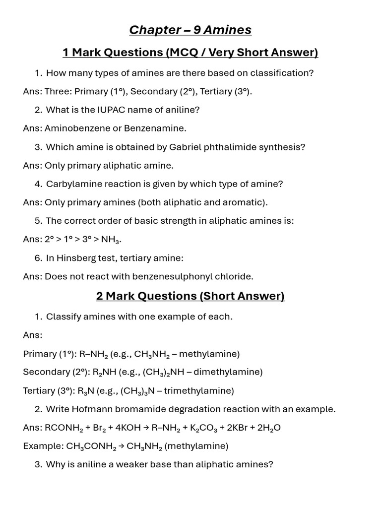 Chapter - 9 Amines Important Questions | PDF | Amine | Organic Chemistry
