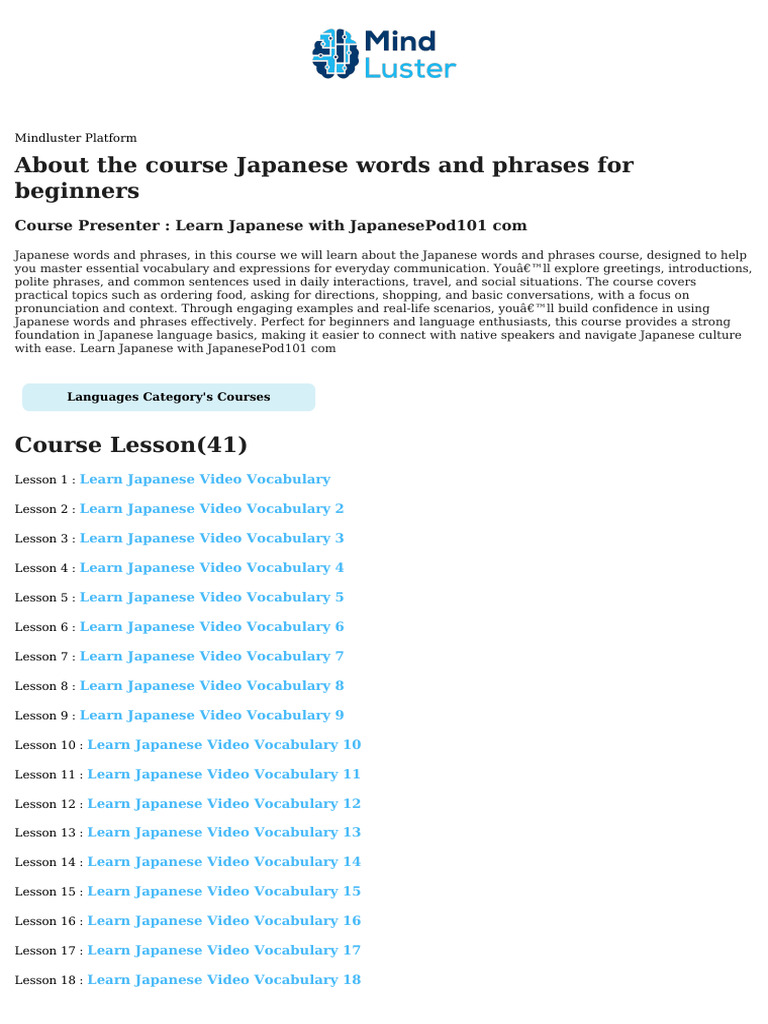 Japanese Words and Phrases For Beginners Course Content | PDF ...