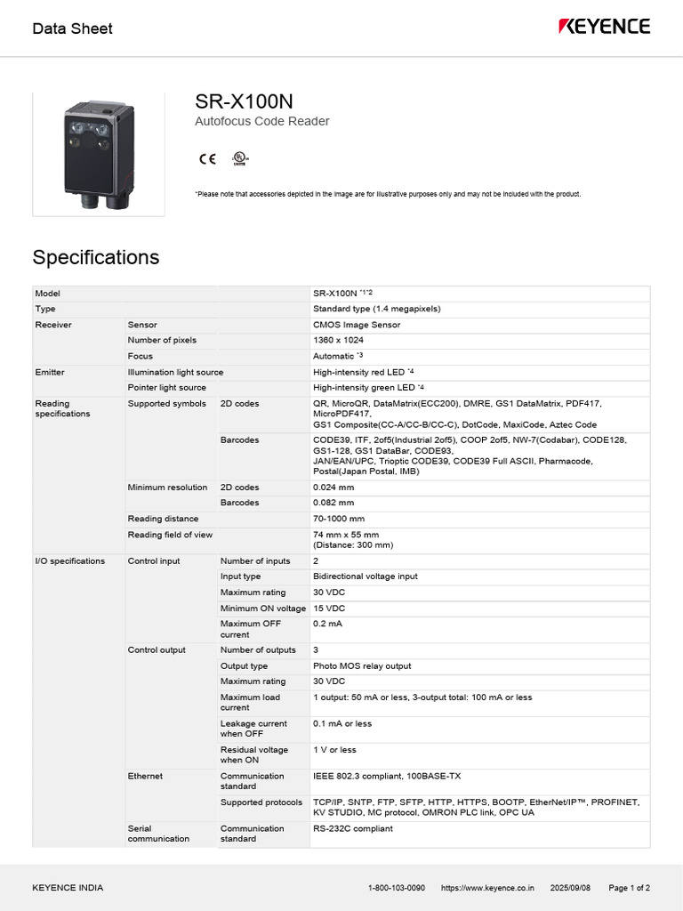 SR-X100N Autofocus Code Reader Specs | PDF | Computer Data | Input/Output