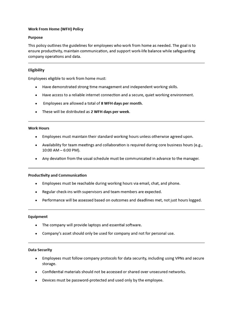 Work From Home Policy Guidelines | PDF