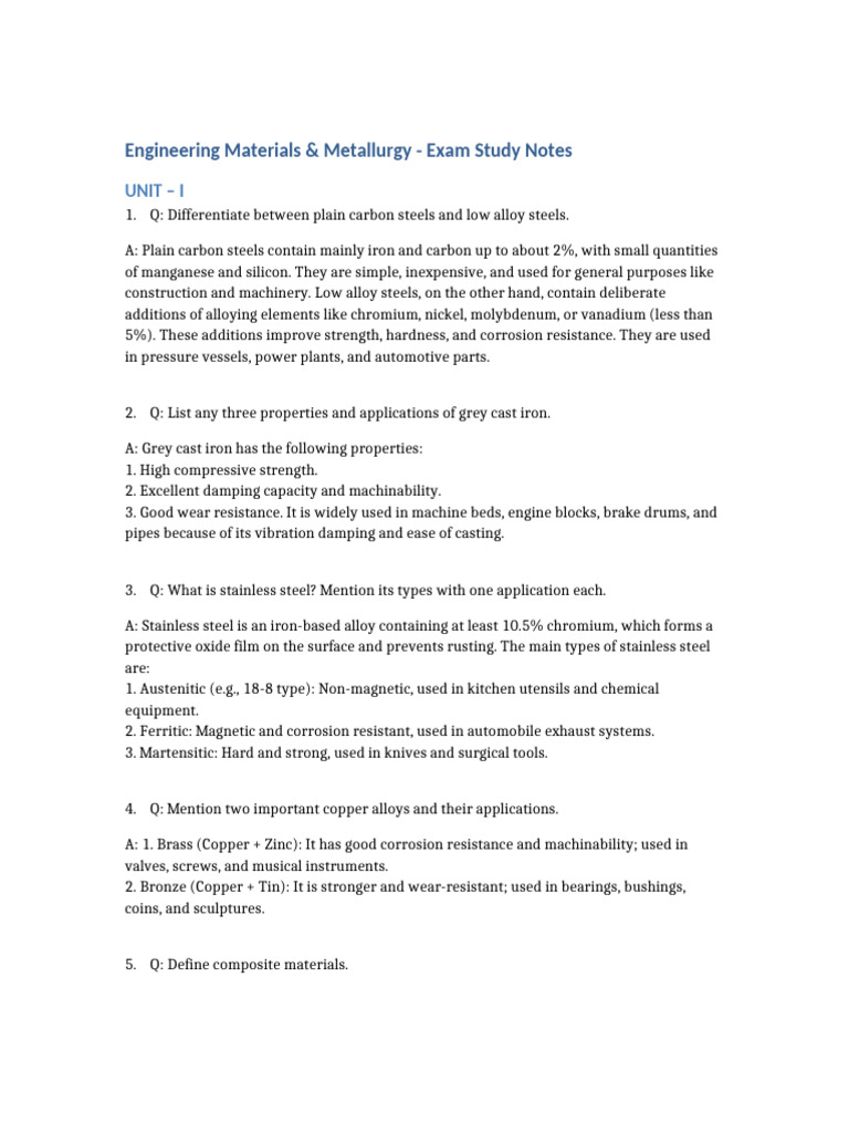Engineering Materials Exam Study Guide | PDF | Steel | Alloy