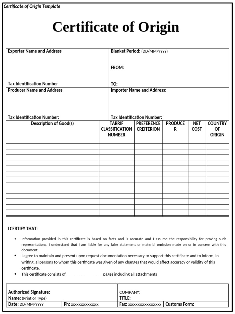 Certificate of Origin Template Guide | PDF
