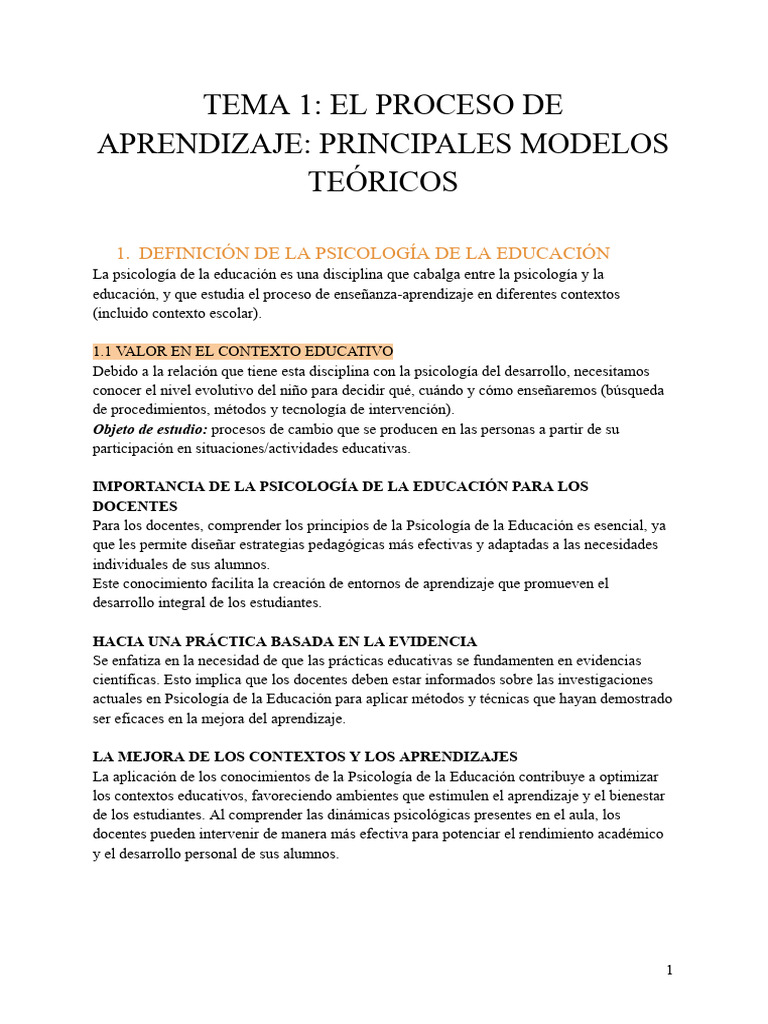 Tema 1 Psicología | PDF | Aprendizaje | Sicología