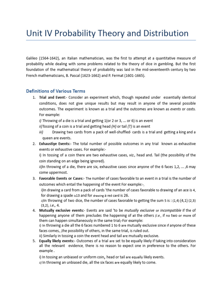 Unit IV Probability Theory and Distribution.docx | PDF | Probability Distribution | Random Variable