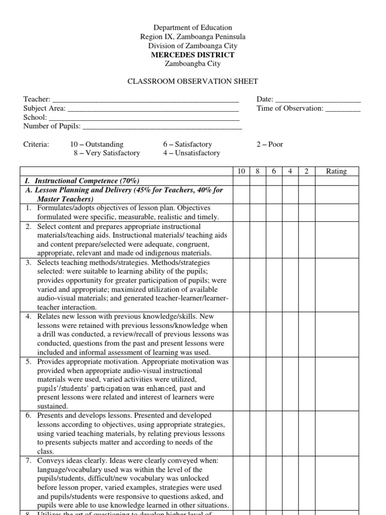 Class Observation Sheet | Download Free PDF | Educational Assessment ...