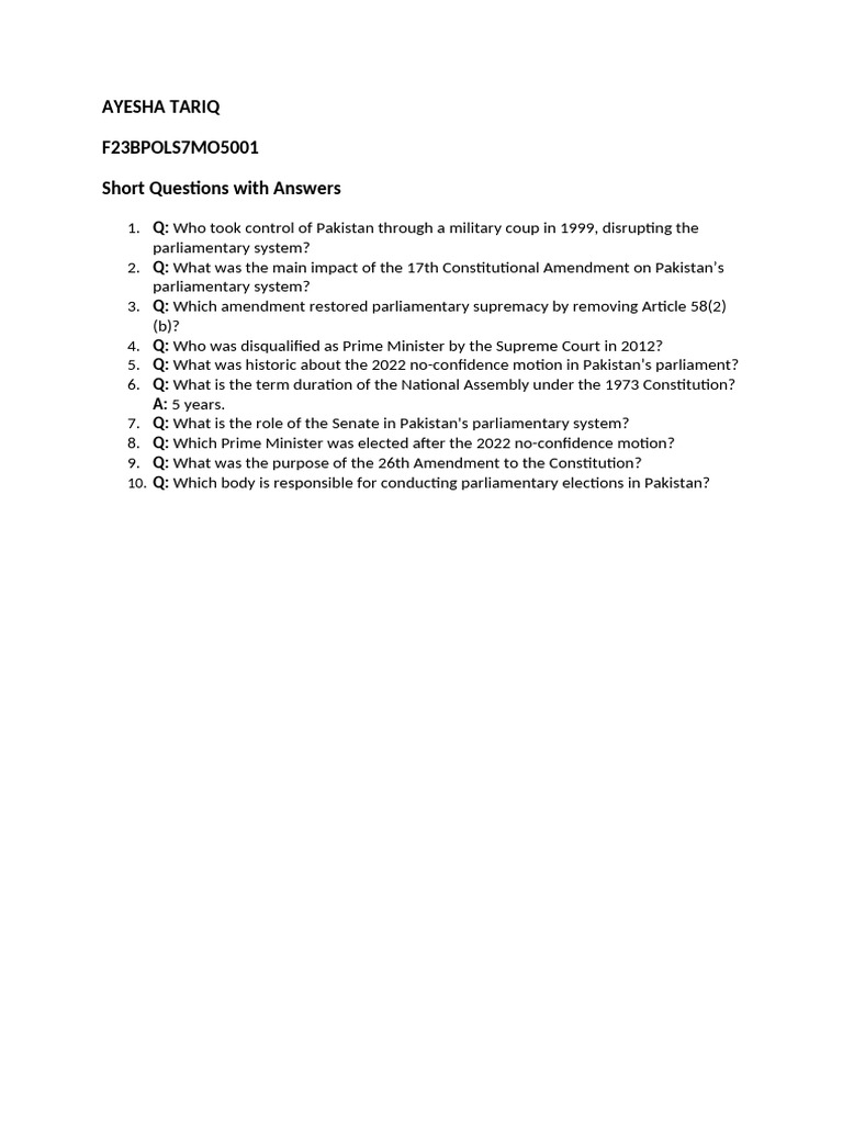 (Final) Short Questions Parliamentary System of Pakistan 1999-2024 | PDF