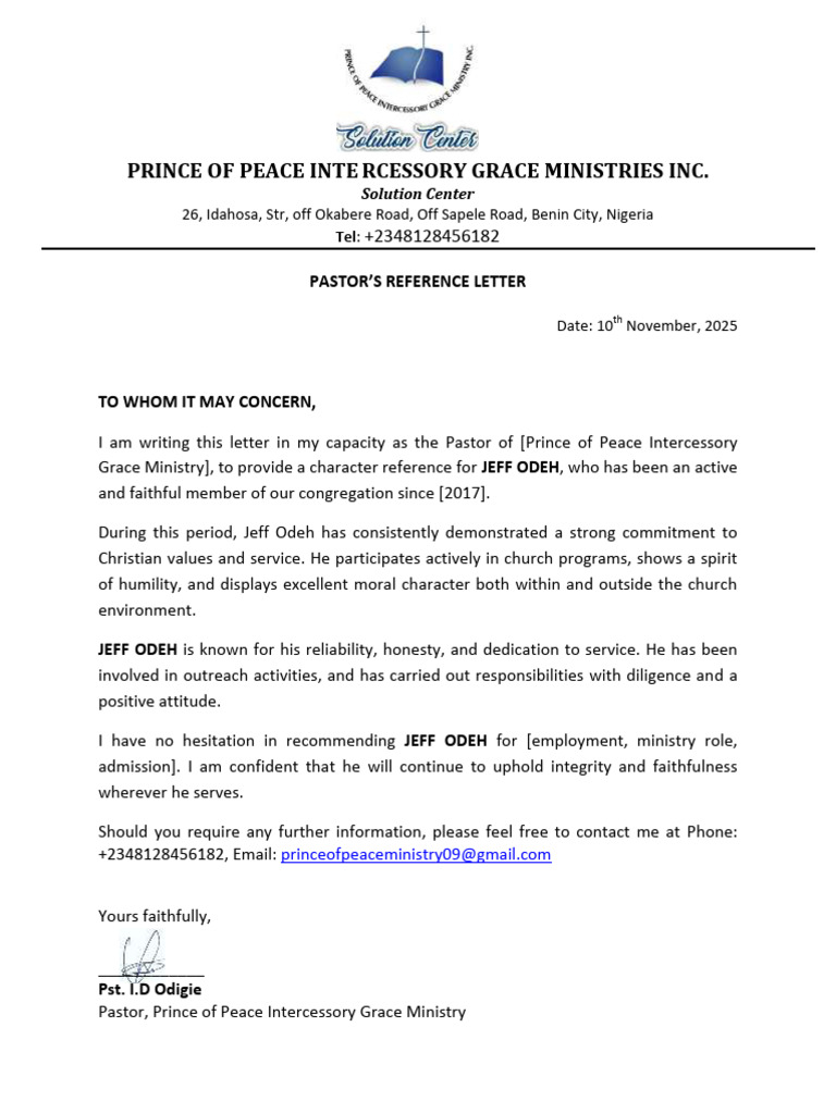 Pastor Reference Letter for Jeff Odeh | PDF