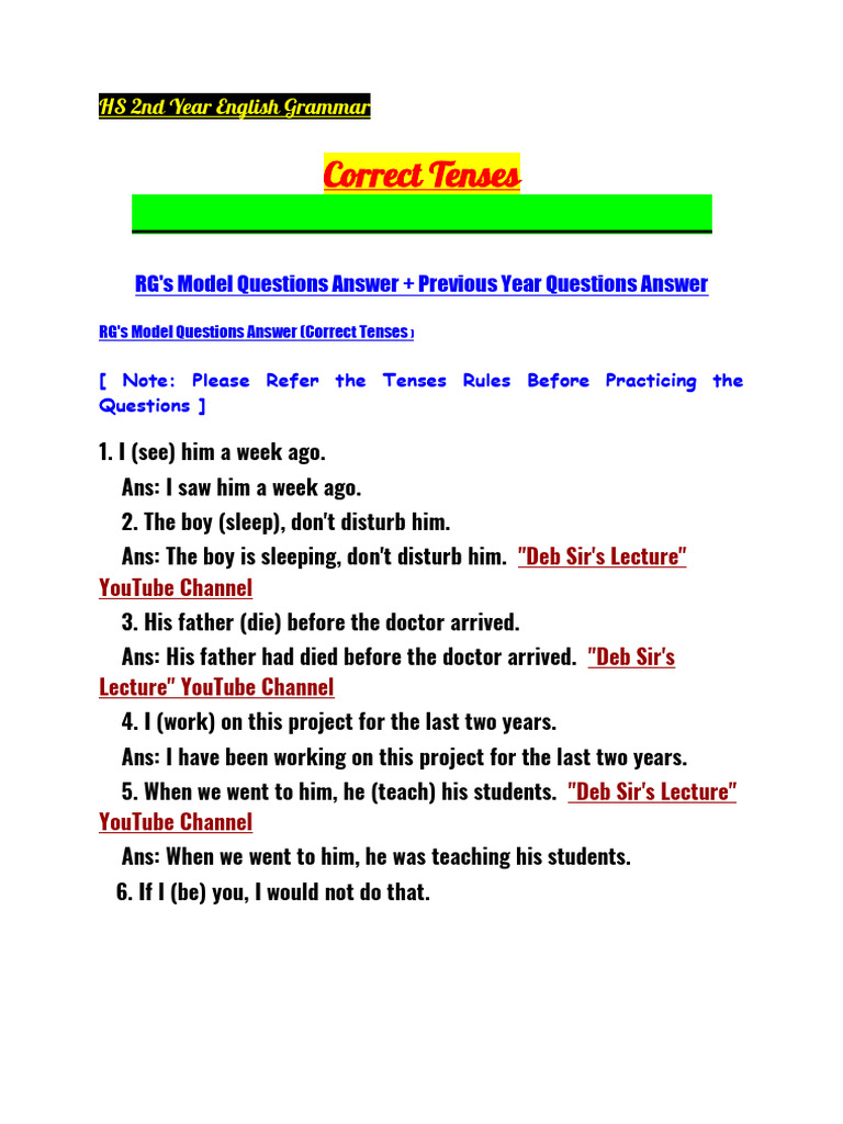 HS 2nd Year Grammar: Tense Practice | PDF