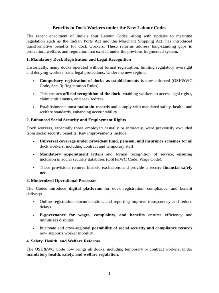 Dock Workers' Benefits Under New Labour Codes | PDF | Occupational ...
