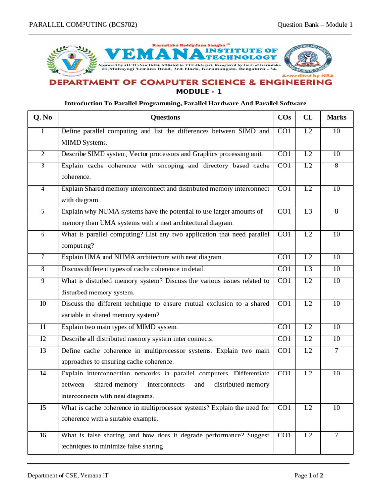 Parallel Computing Question Bank Module 1 | PDF | Parallel Computing ...