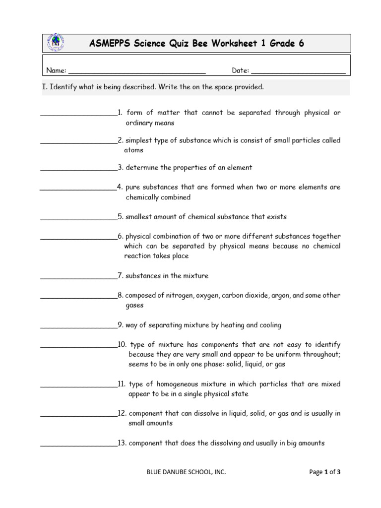 G6 ASMEPPS Science Quiz Bee Worksheet 1 | PDF | Mixture | Chemical Substances