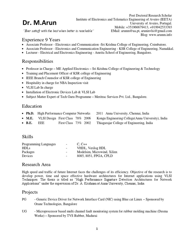 Arun CV May 2012 | PDF | Bioinformatics | Electronic Engineering
