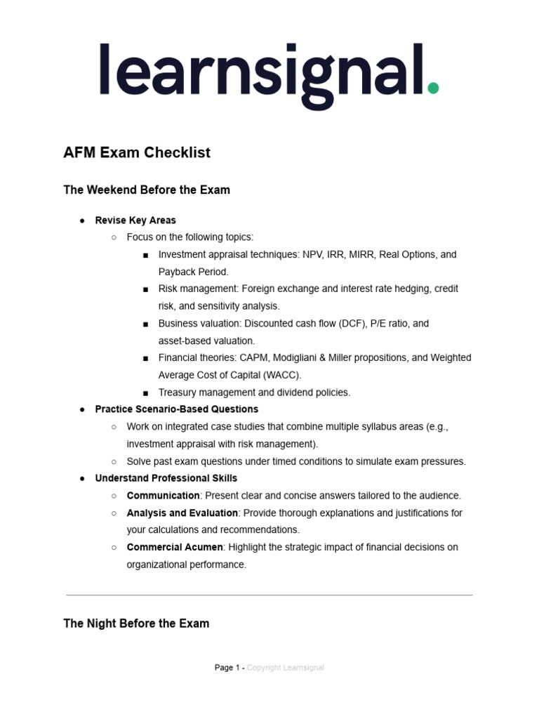 AFM Exam Preparation Checklist | PDF | Capital Budgeting | Business