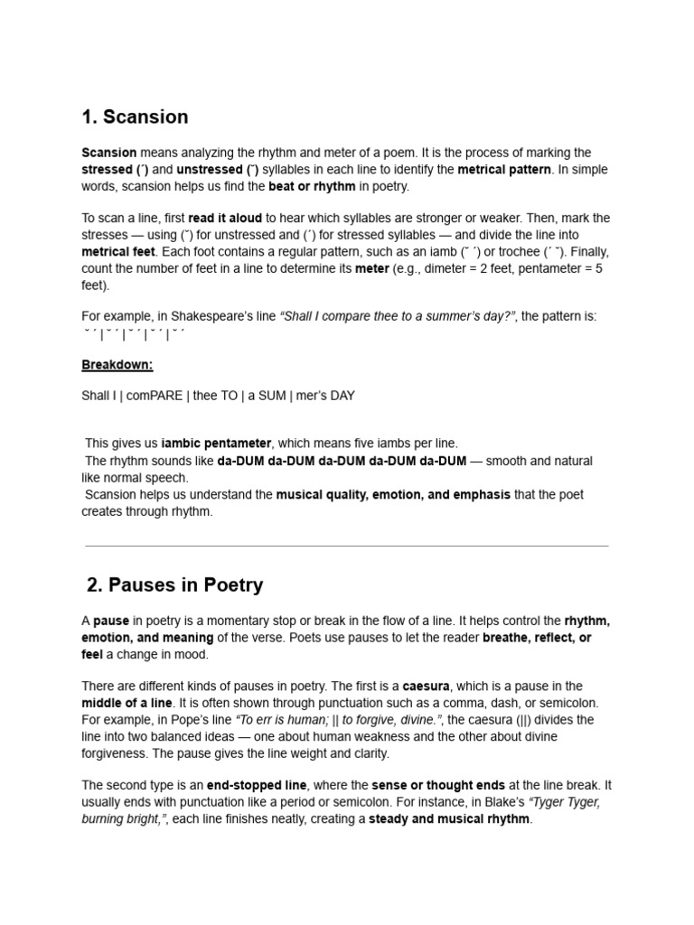 Scansion, Pauses, Rhyme | PDF | Metre (Poetry) | Poetry