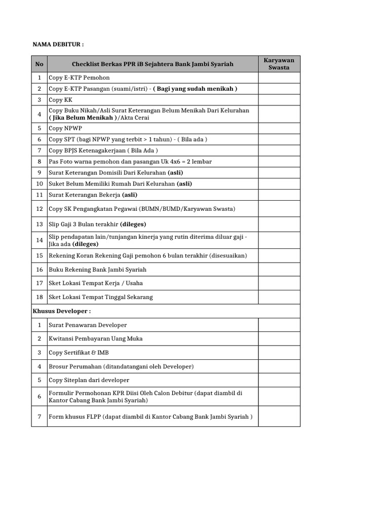 Checklist PPR Ib Sejahtera Bank Jambi Syariah | PDF