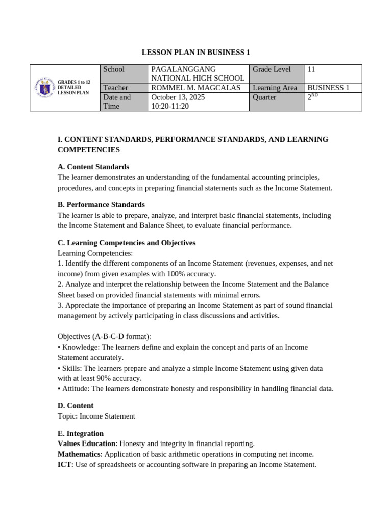 Business 1 Lesson Plan: Income Statement | PDF | Expense | Learning