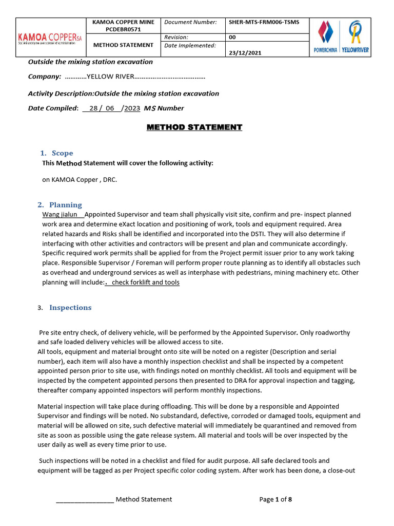Method Statement-Outside The Mixing Station Excavation | PDF | Tools | Pipe (Fluid Conveyance)
