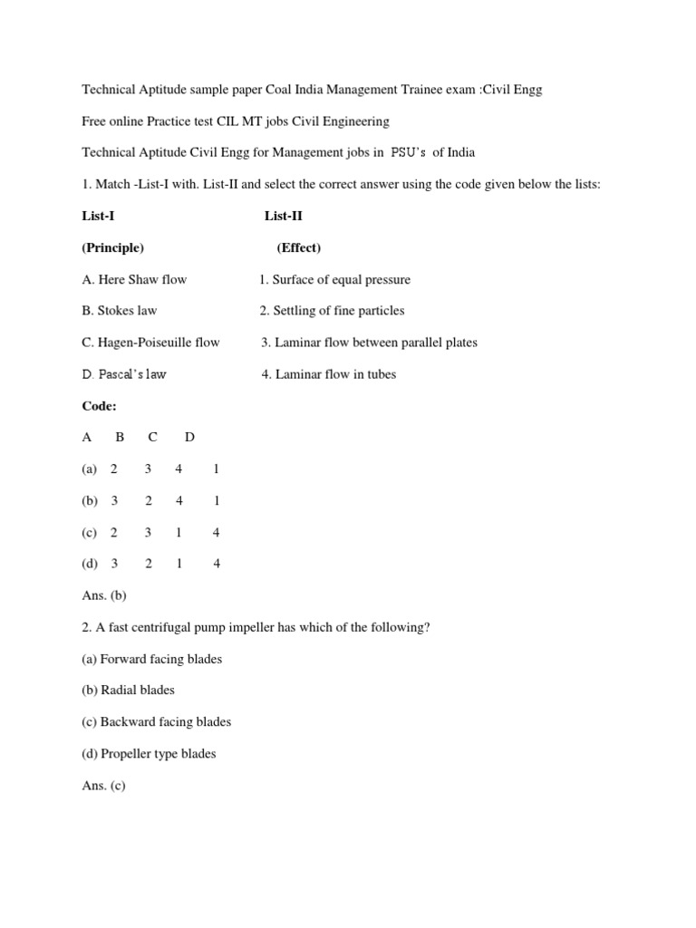 Technical Aptitude Sample Paper Coal India Management Trainee Exam ...