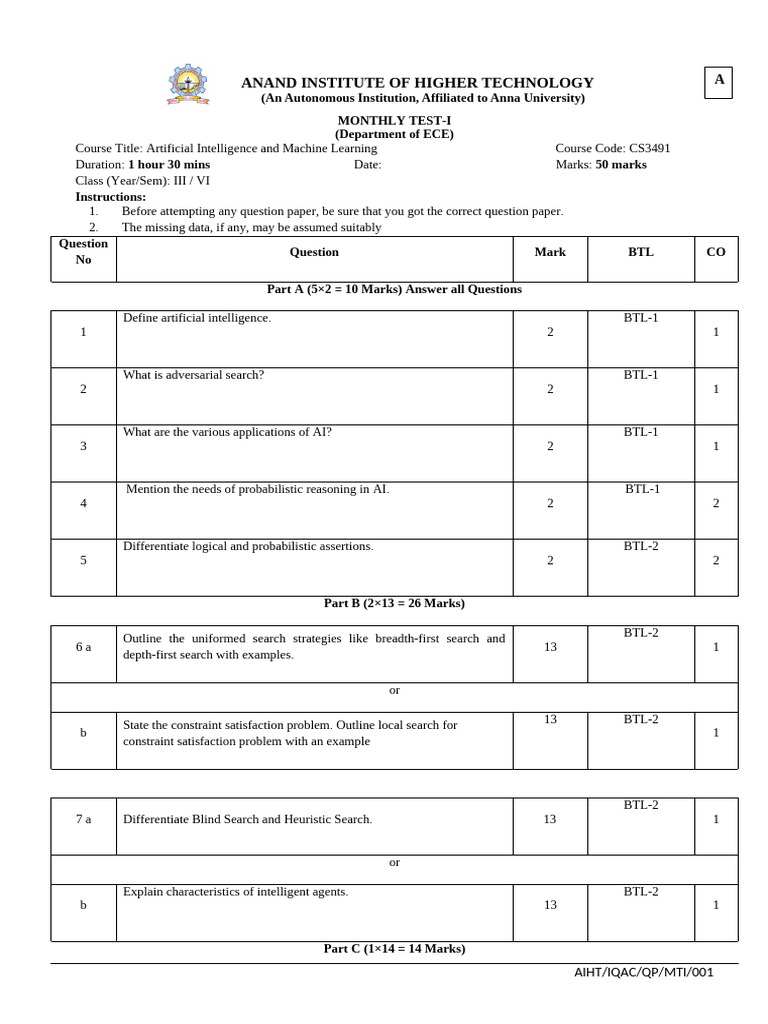 VI SEM ECE-Monthly Test I QP SET-A-CS3491 Artificial Intelligence and ...