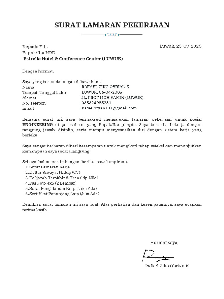 Biru Putih Modern Surat Lamaran Pekerjaan A4 PDF | PDF
