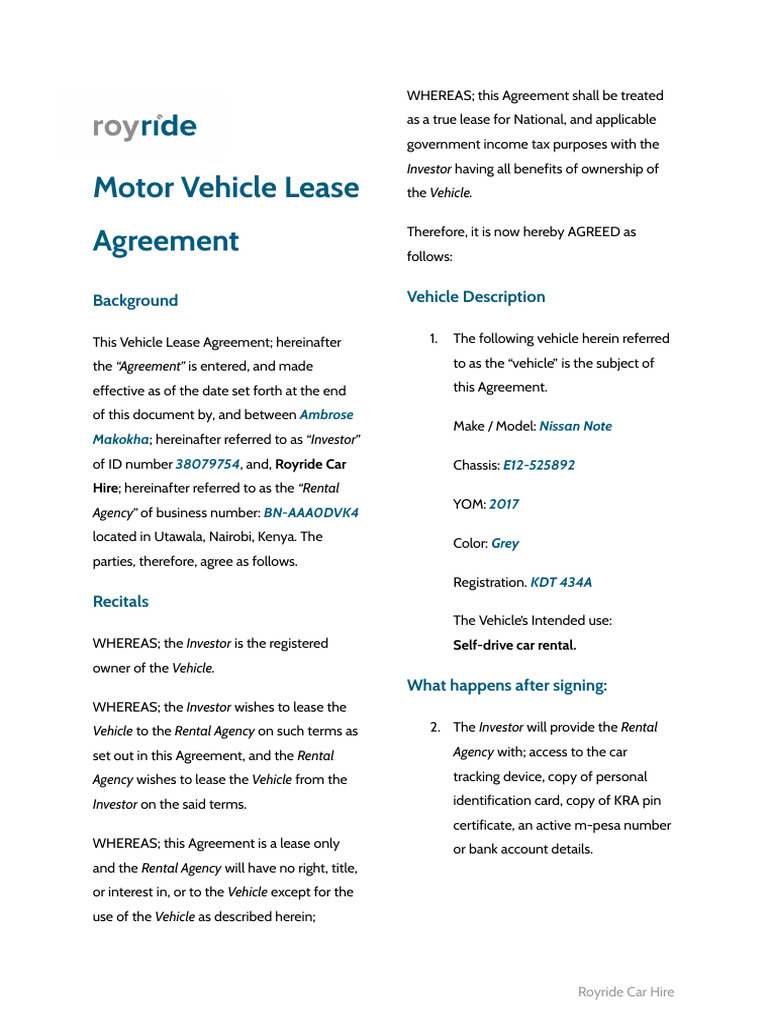 Motor Vehicle Lease Agreement - Royride and Ambrose Makokha-1 | PDF ...
