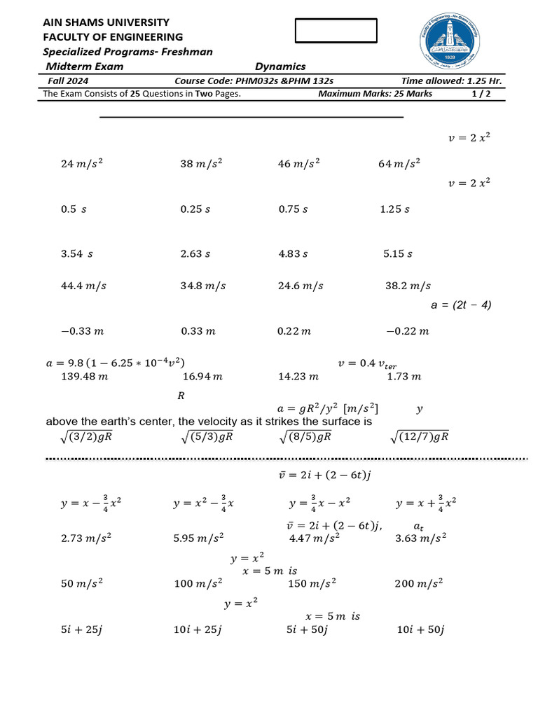 Dynamics - Midterm - Fall 2024 | PDF | Acceleration | Velocity