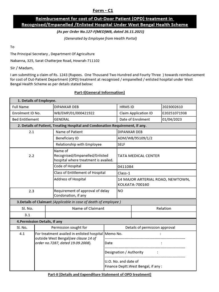 Wbhs Opd App Form Emp (3) | PDF | Health Care | Medicine