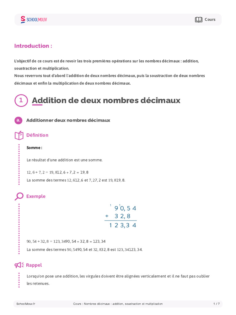 Opérations sur nombres décimaux : Cours | PDF | Multiplication | Décimal