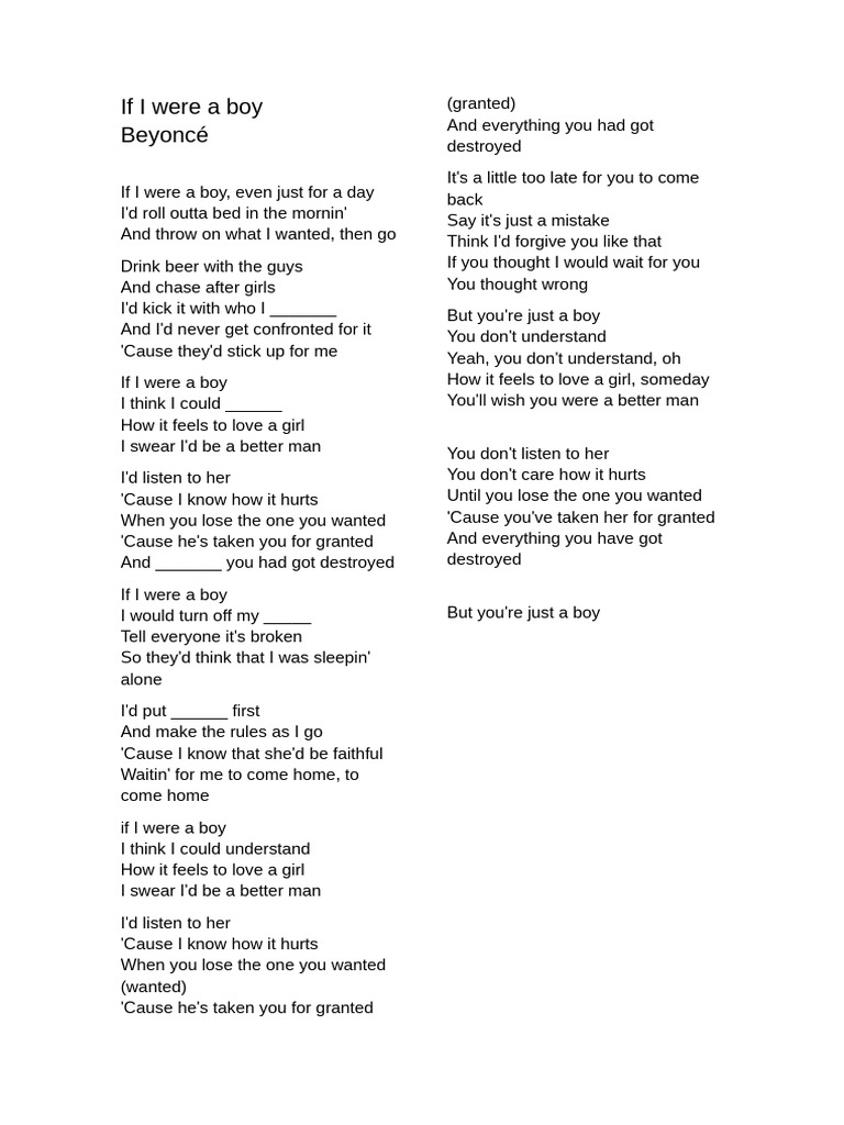 "Beyoncé's 'If I Were a Boy' Lyrics Analysis" | PDF
