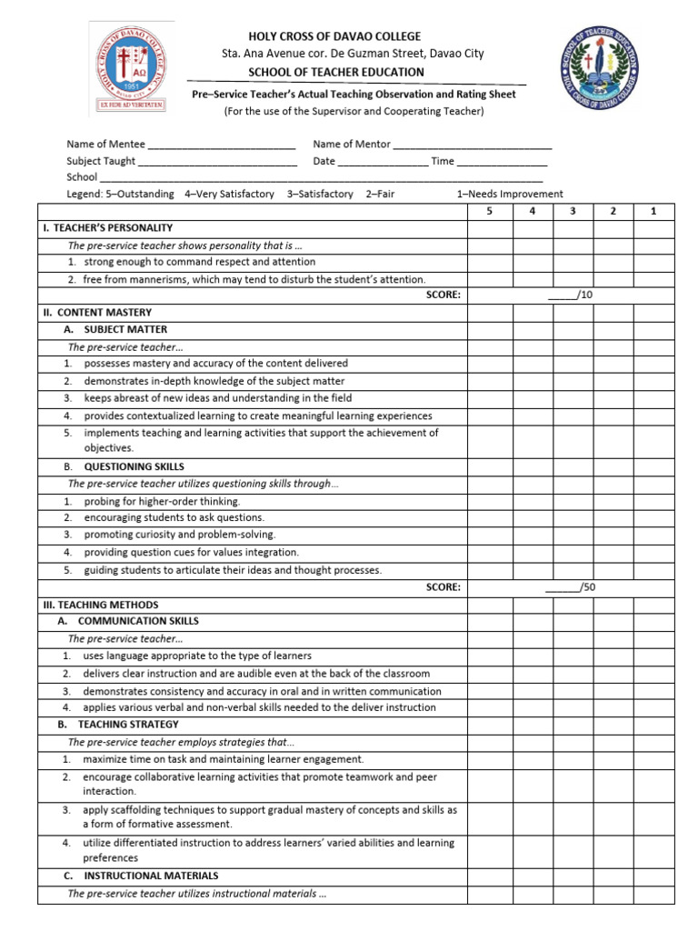 Pre-Service Teacher Evaluation Form | PDF | Teachers | Mentorship