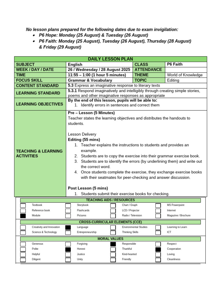 Week 10 (25-29 Aug) - P6 Faith & P6 Hope | PDF | Lesson Plan | Teachers