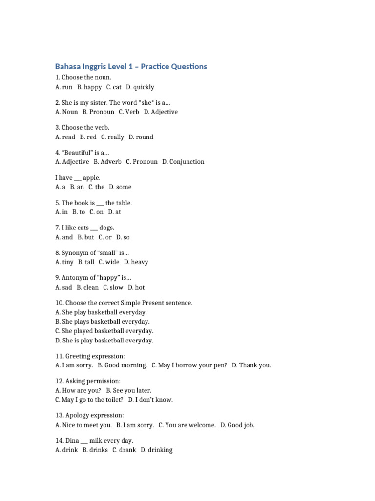 English Level 1 Practice Questions | PDF
