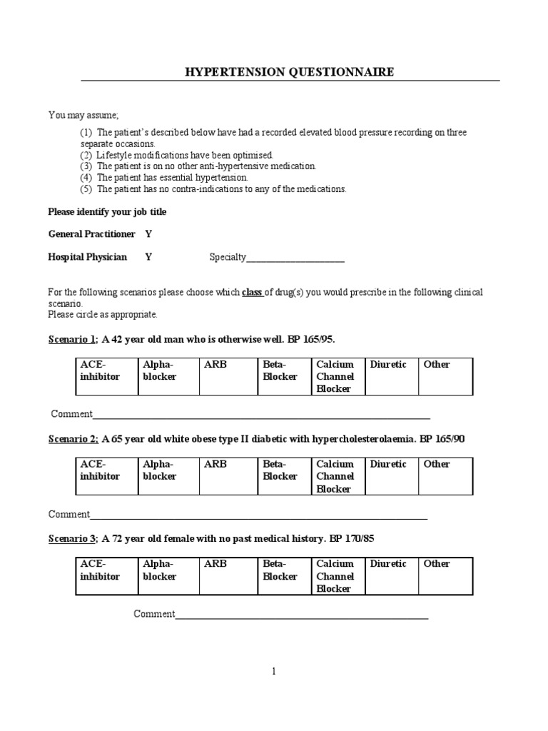 Hypertension Questionnaire: Please Identify Your Job Title General ...
