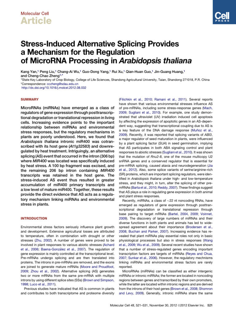 Stress-Induced Alternative Splicing Provides miR400 | PDF | Intron ...