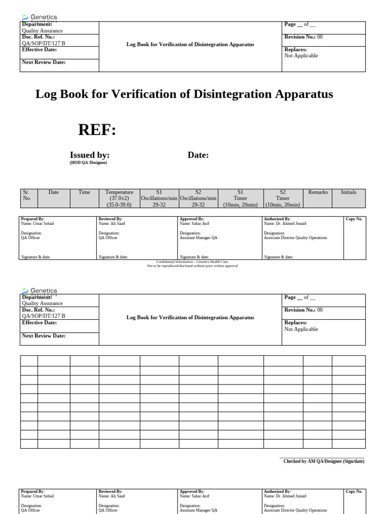 Disintegration Apparatus Log Book | PDF