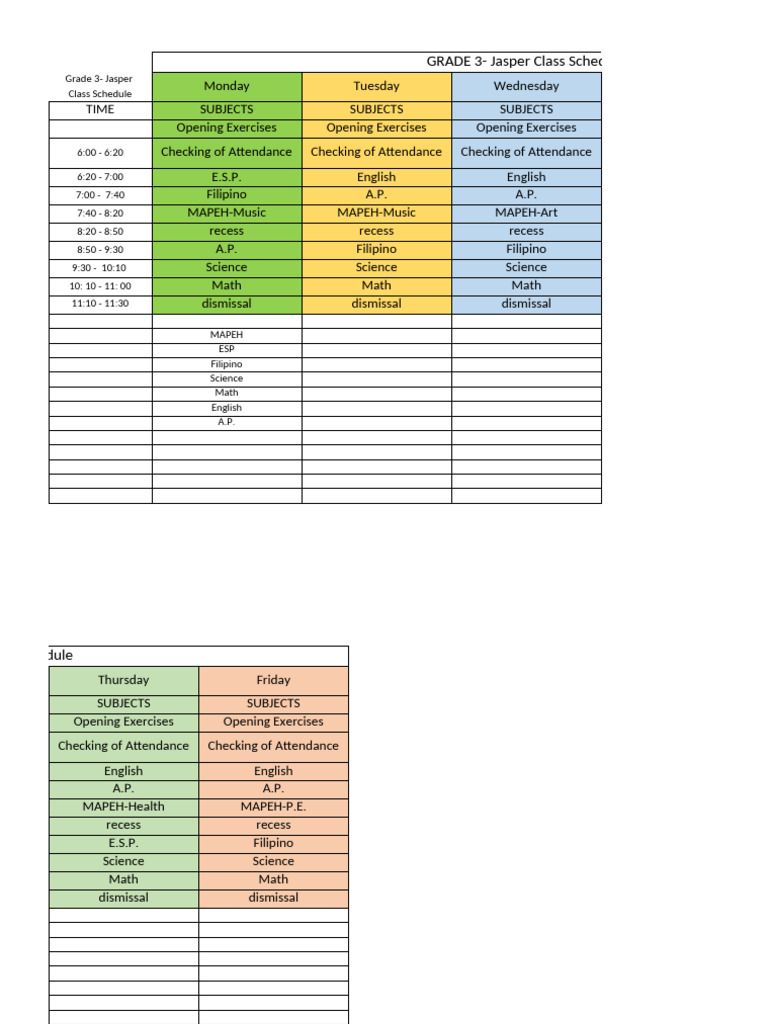 Grade 3 Jasper Class Schedule | PDF
