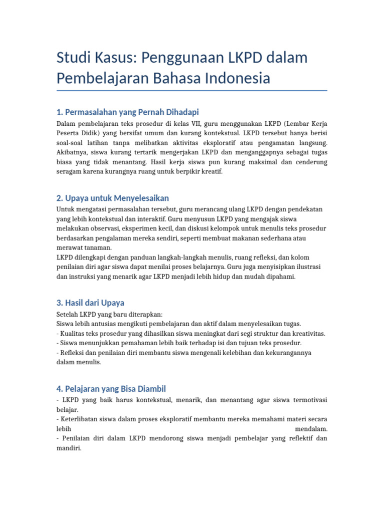 Studi Kasus LKPD Pembelajaran Bahasa Indonesia | PDF