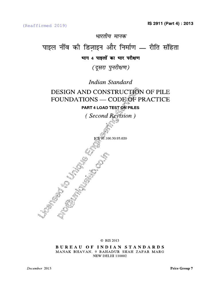 Is 2911 Part-4 2013 RA 2019 Design and Construction of Pile Foundations ...