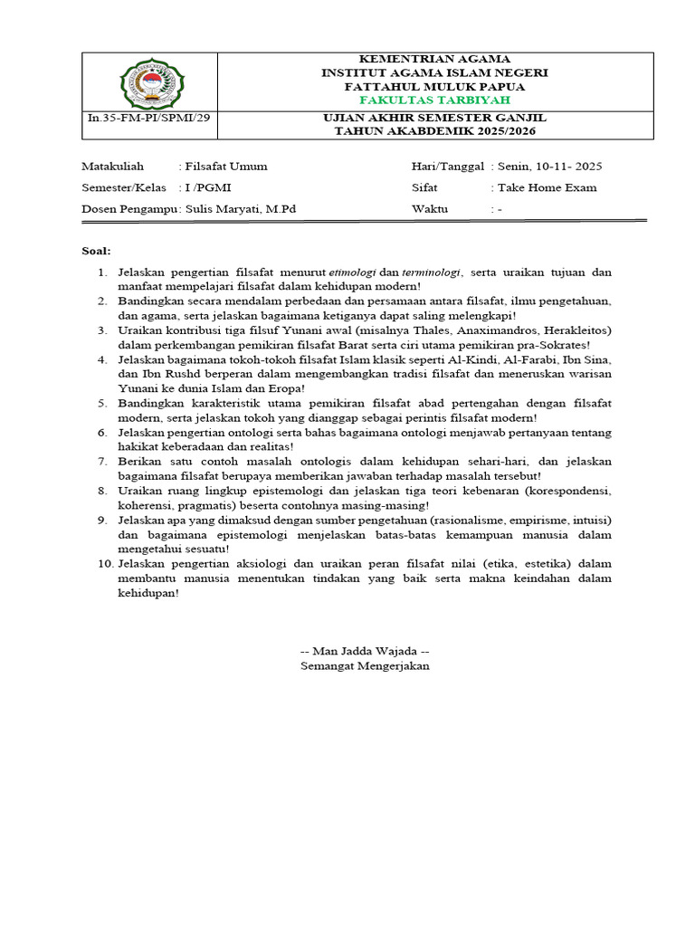 Soal UTS MK Filsafat Umum (PGMI) | PDF