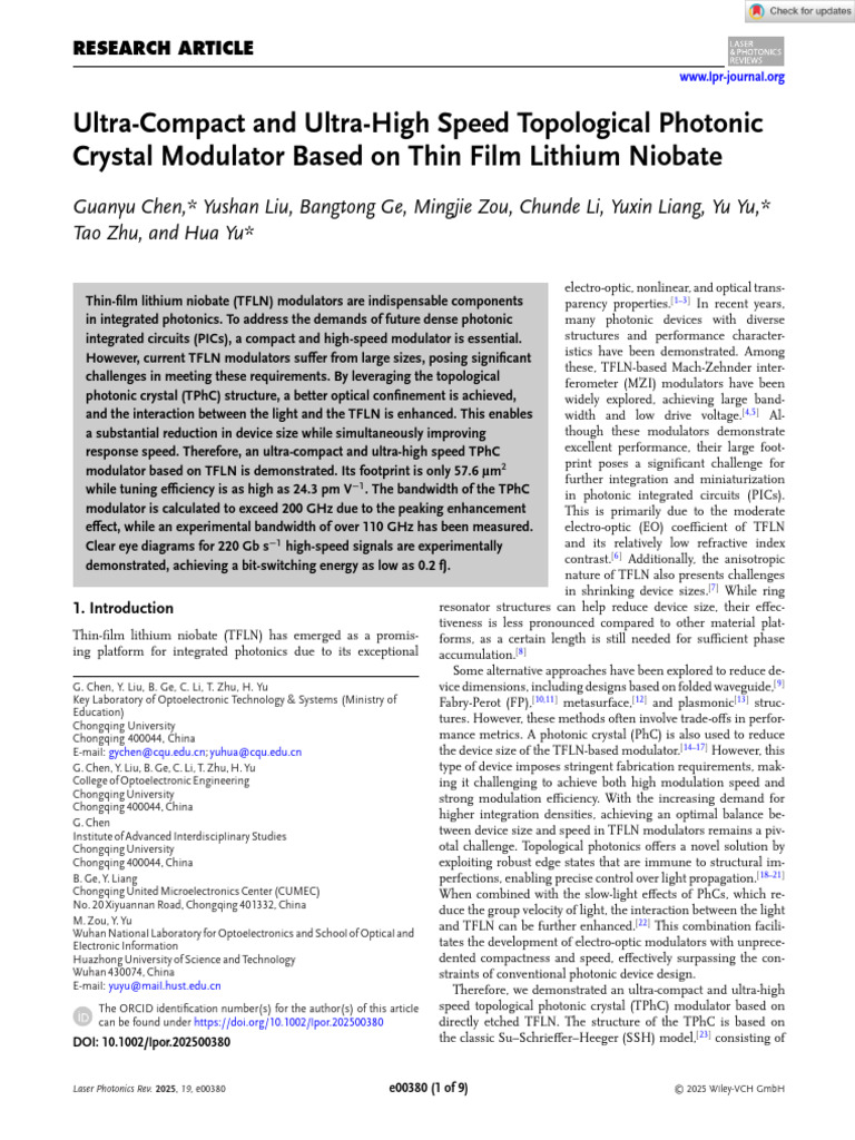 Ultra-Compact and Ultra-High Speed Topological Photonic Crystal Modulator Based On Thin Film ...