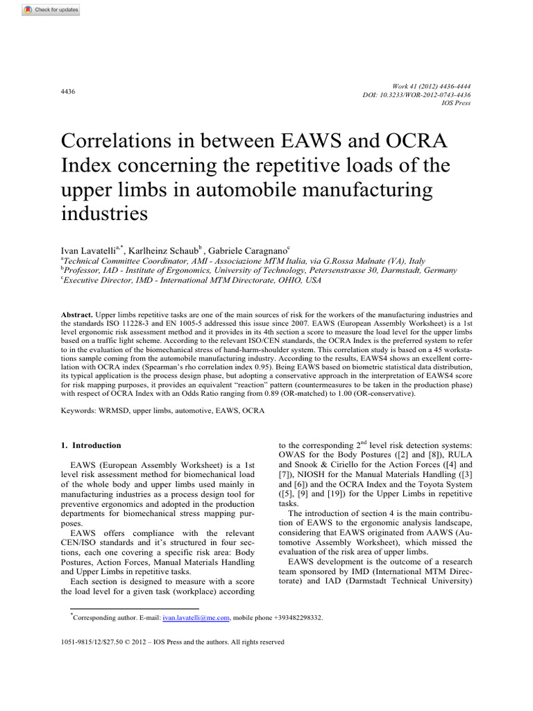 Lavatelli Work OCRA EAWS 2012 | PDF | Spearman's Rank Correlation ...