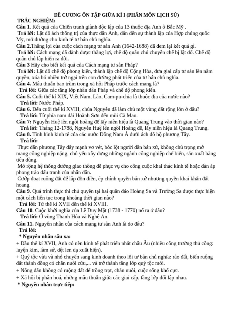 Đề Cương Ôn Tập Lsdl (Sử8) | PDF