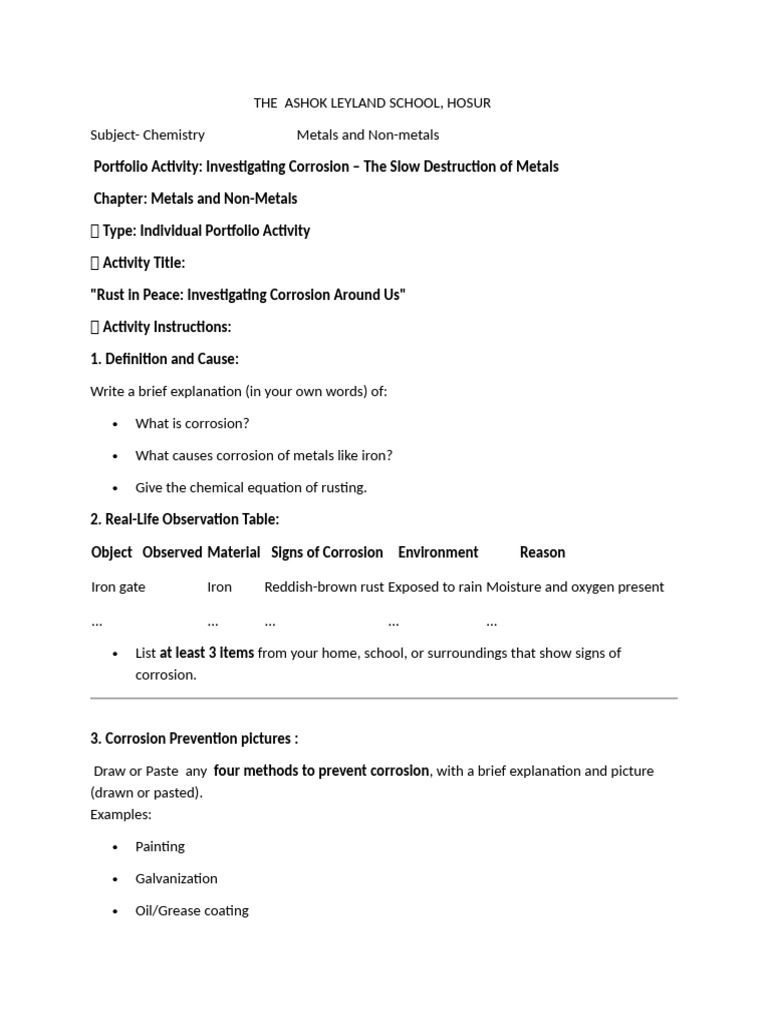 Class 10 Portfolio Activity in Metals and Non-Metals | PDF